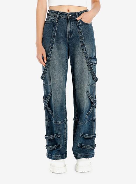 Washed Indigo Denim Harness Wide-Leg Jeans | Hot Topic