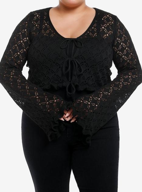 Cosmic Aura Black Knit Ruffle Girls Crop Cardigan Plus Size | Hot Topic