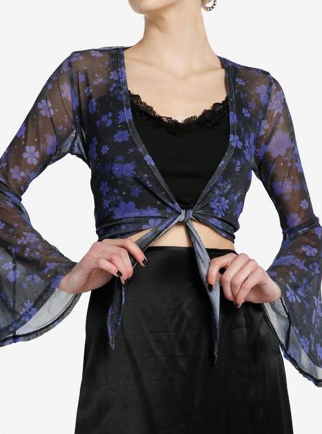 Purple Floral Mesh Girls Bell Sleeve Shrug | Hot Topic