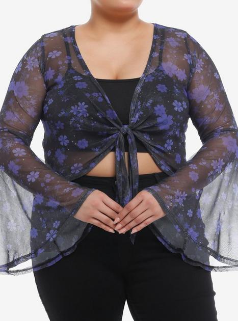 Purple Floral Mesh Girls Bell Sleeve Shrug Plus Size | Hot Topic