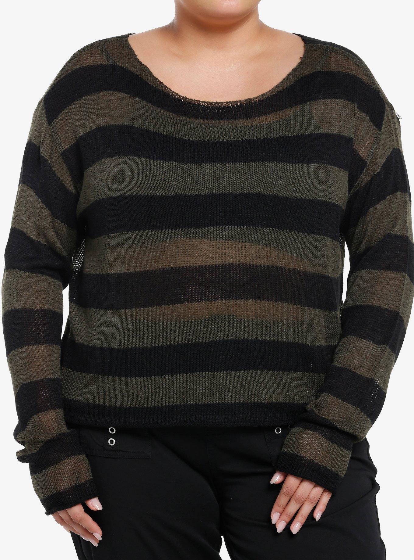 Social Collision Green & Black Stripe Crop Girls Sweater Plus Size ...