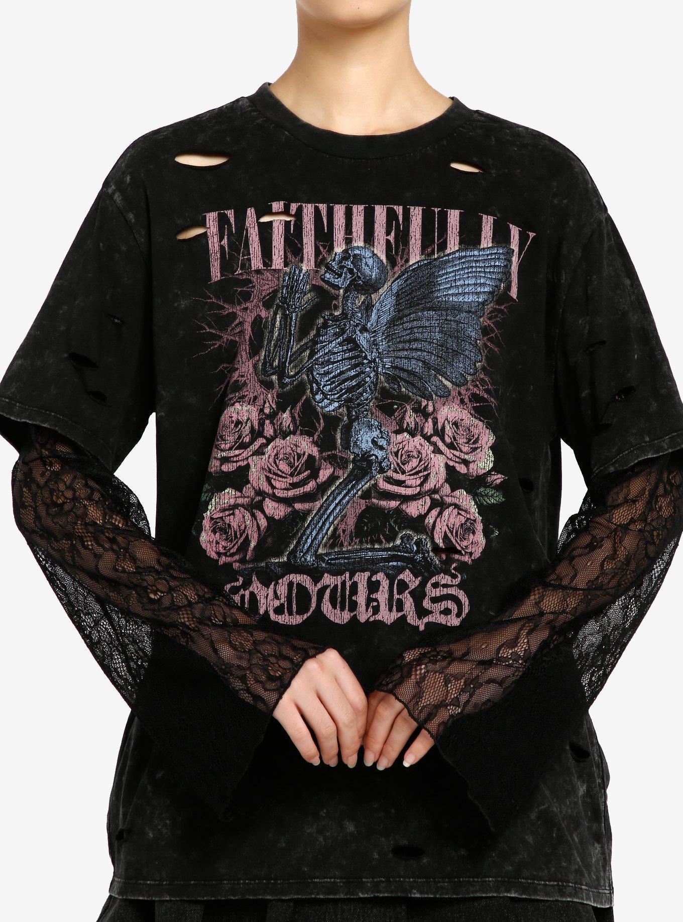 Thorn & Fable Faithfully Yours Lace Sleeve Girls Twofer Long-Sleeve T ...