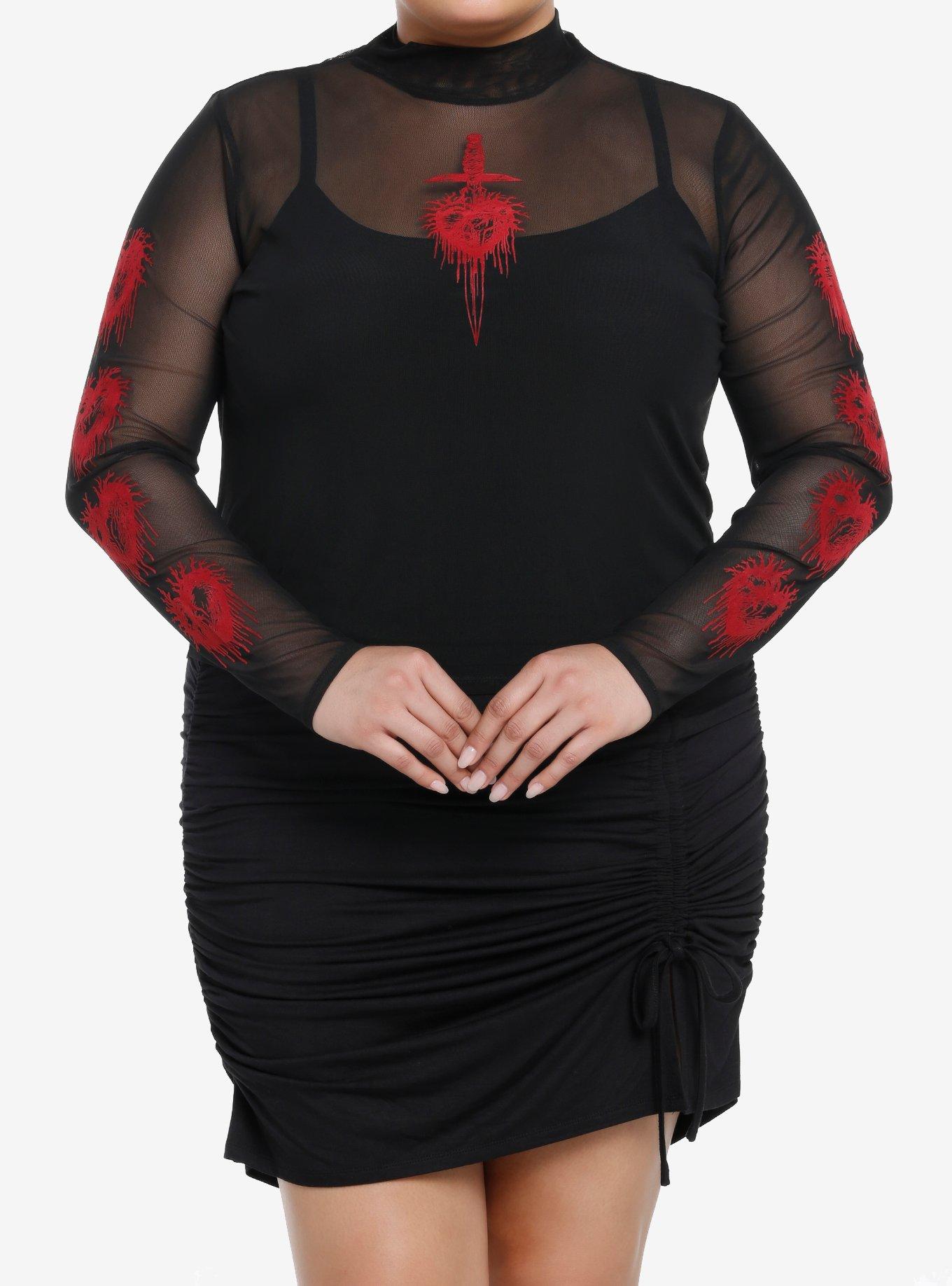 Social Collision Red Heart Dagger Black Mesh Girls Twofer Long Sleeve