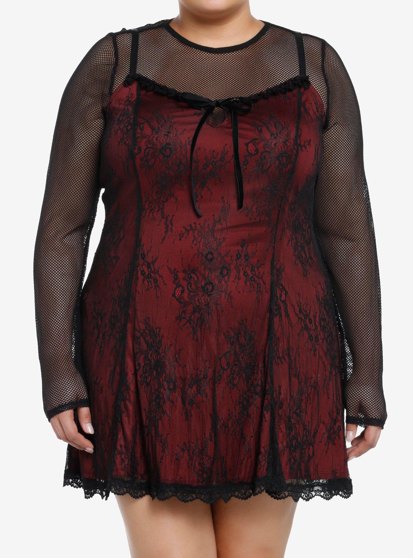 Social Collision Black And Red Lace Twofer Long Sleeve Dress Plus Size