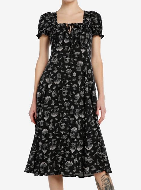 Thorn & Fable Black & Grey Mushroom Puff Sleeve Maxi Dress | Hot Topic