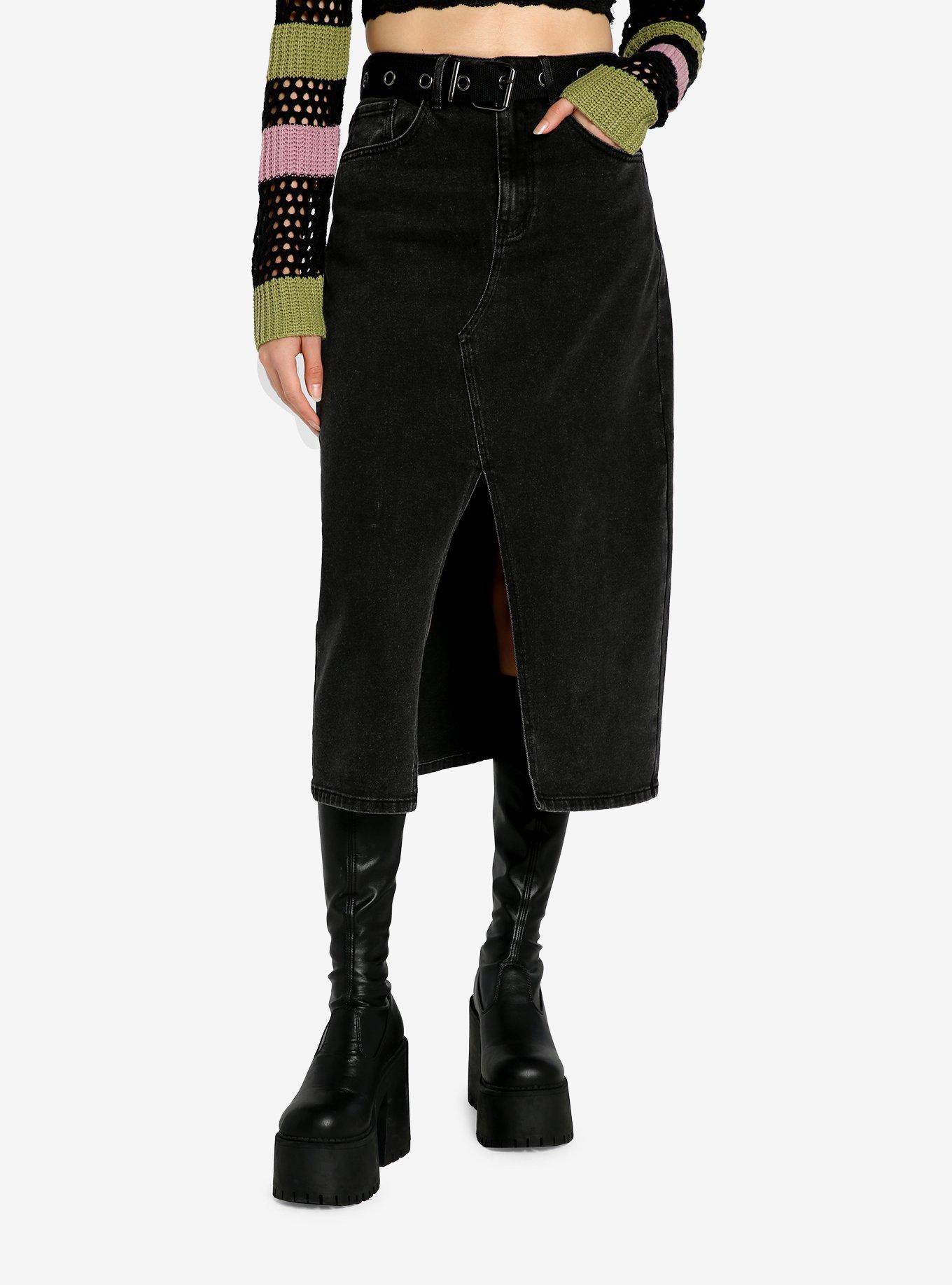 Social Collision Black Denim Belted Midi Skirt Hot Topic
