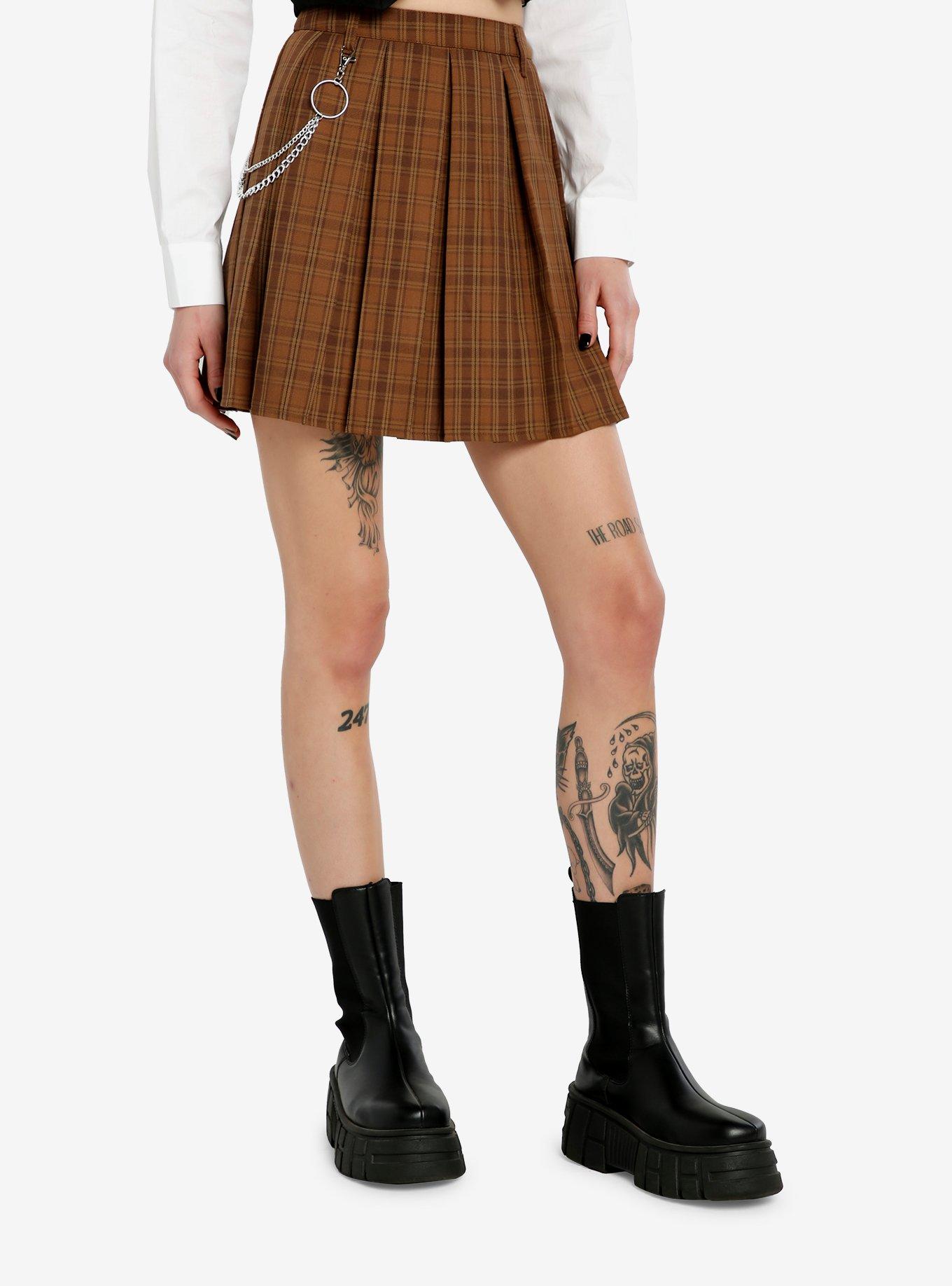 Social Collision Brown Plaid Chain Pleated Skirt Hot Topic