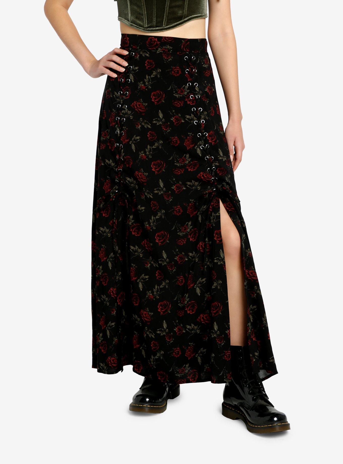 Thorn And Fable Dark Red Rose Lace Up Maxi Skirt Hot Topic