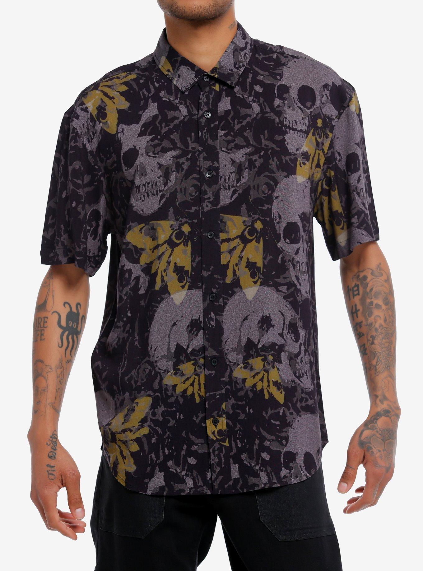 Grunge Skull Moth Woven Button Up Hot Topic