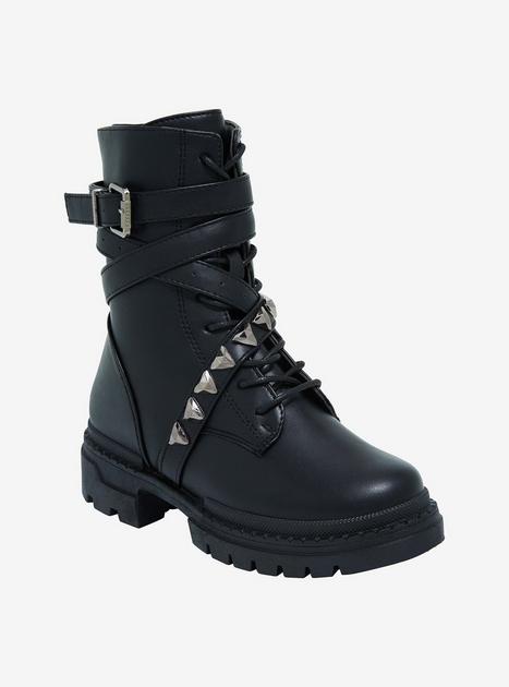 Yoki Black Stud Strappy Combat Boots | Hot Topic