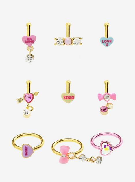 Steel Valentine Candy Heart Nose Stud & Hoop 9 Pack | Hot Topic