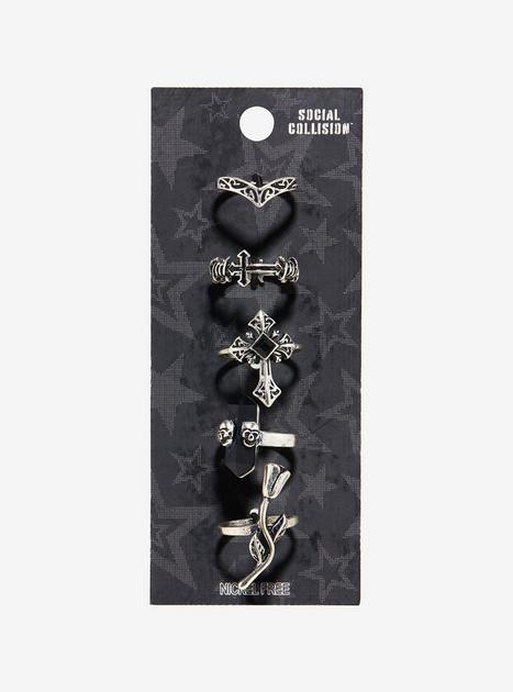 Social Collision Cross Rose Skull Ring Set | Hot Topic
