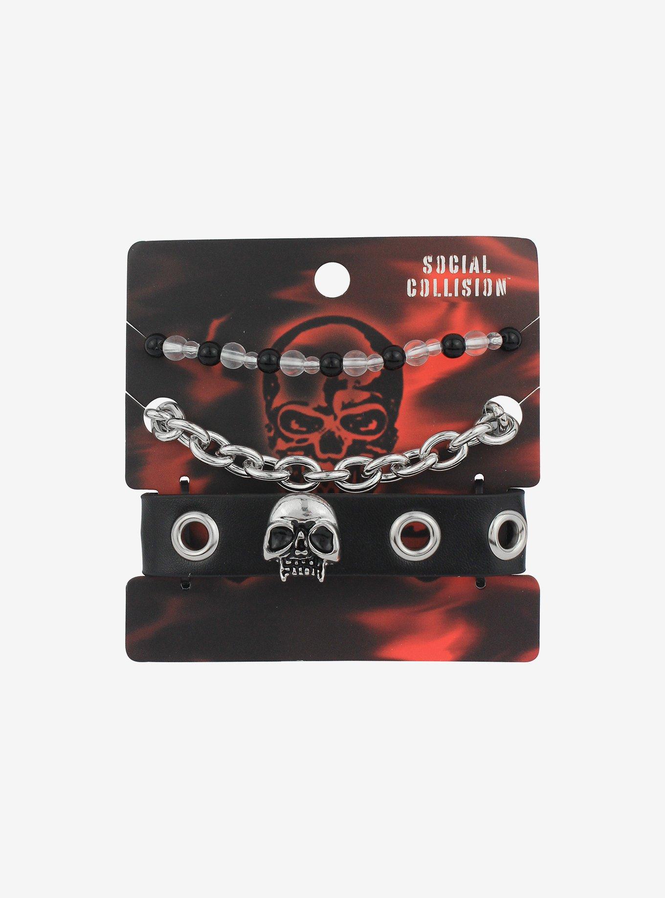 Social Collision Skull Grommet And Chain Bracelet Set Hot Topic