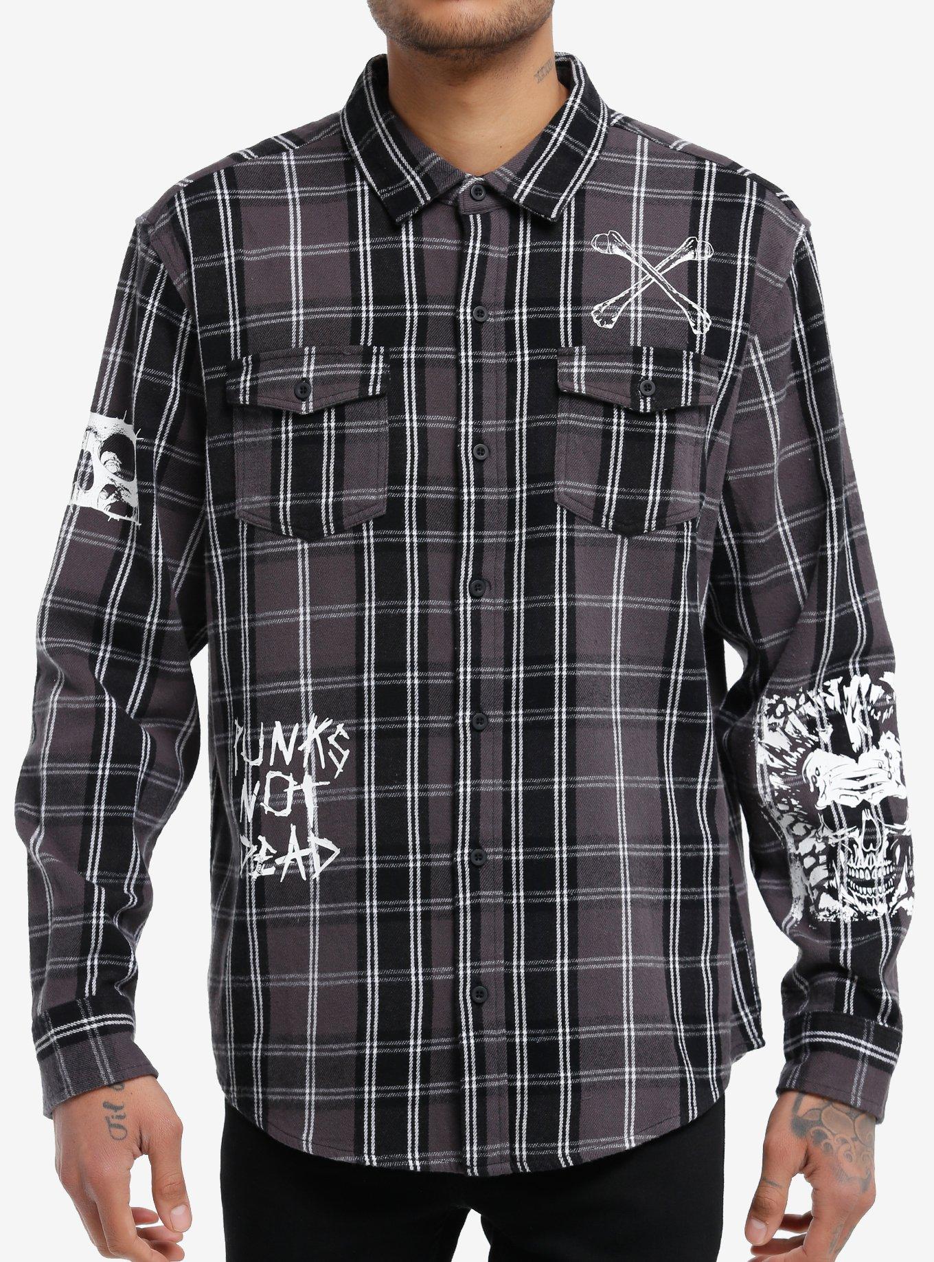 Social Collision Black And White Plaid Punk Icons Long Sleeve Woven