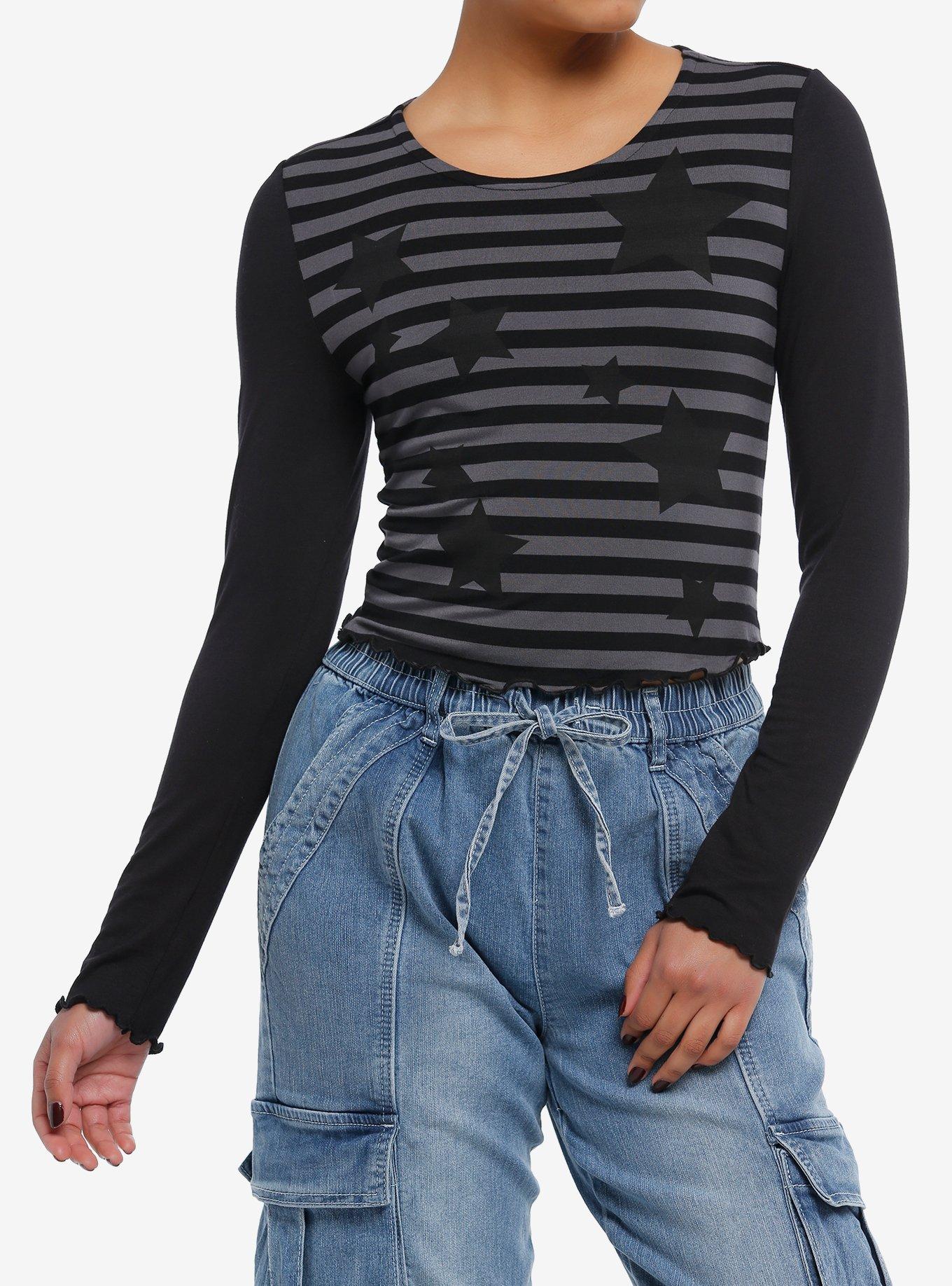 Social Collision Black And Grey Stripe Star Girls Crop Long Sleeve Top