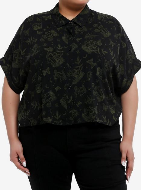 Cosmic Aura Black And Green Mushroom Girls Crop Woven Button Up Plus Size