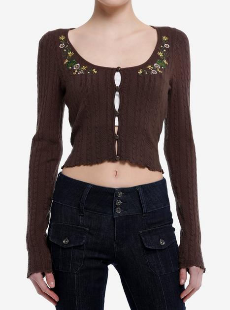 Thorn & Fable Frog Floral Girls Cable Knit Cardigan | Hot Topic