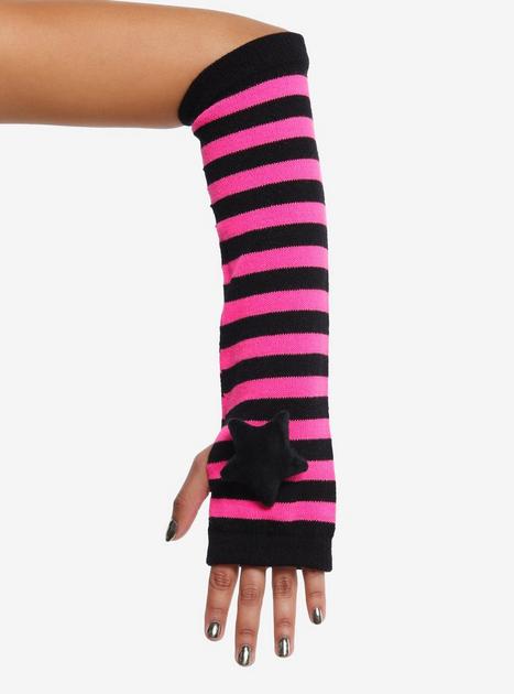 Pink & Black Stripe Star Plush Arm Warmers | Hot Topic