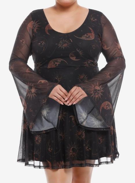 Cosmic Aura Skull Celestial Mesh Bell-Sleeve Dress Plus Size | Hot Topic