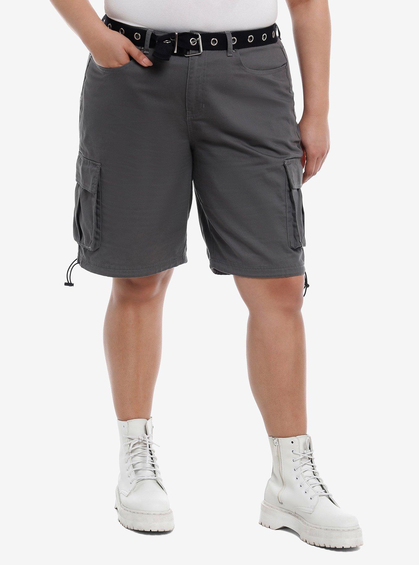 Grey Cargo Shorts With Grommet Belt Plus Size | Hot Topic