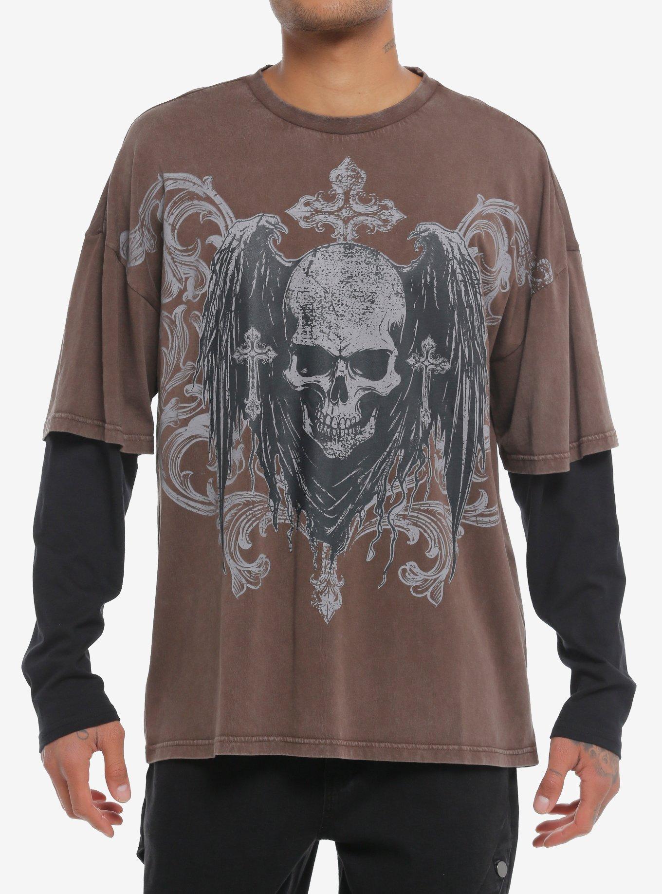 Social Collision Skulls And Crosses Oversized Twofer Long Sleeve T Shirt