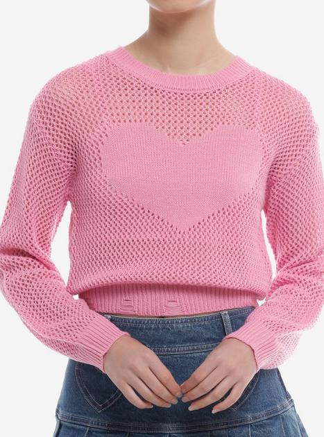 Pink Heart Open Knit Girls Sweater | Hot Topic