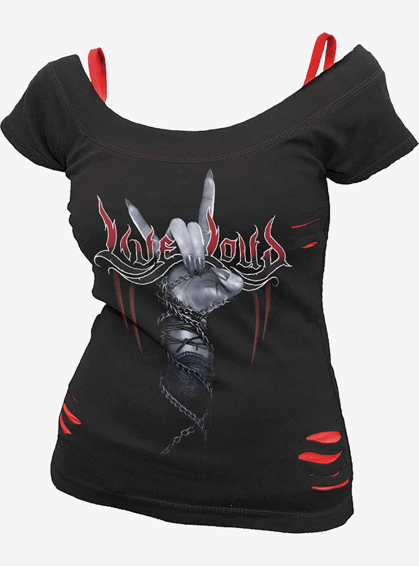 Spiral Rock Loud Red Ripped Top Black | Hot Topic