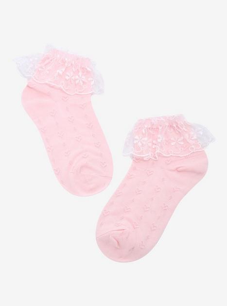 Pink Heart Pointelle Lace Ruffle Ankle Socks | Hot Topic