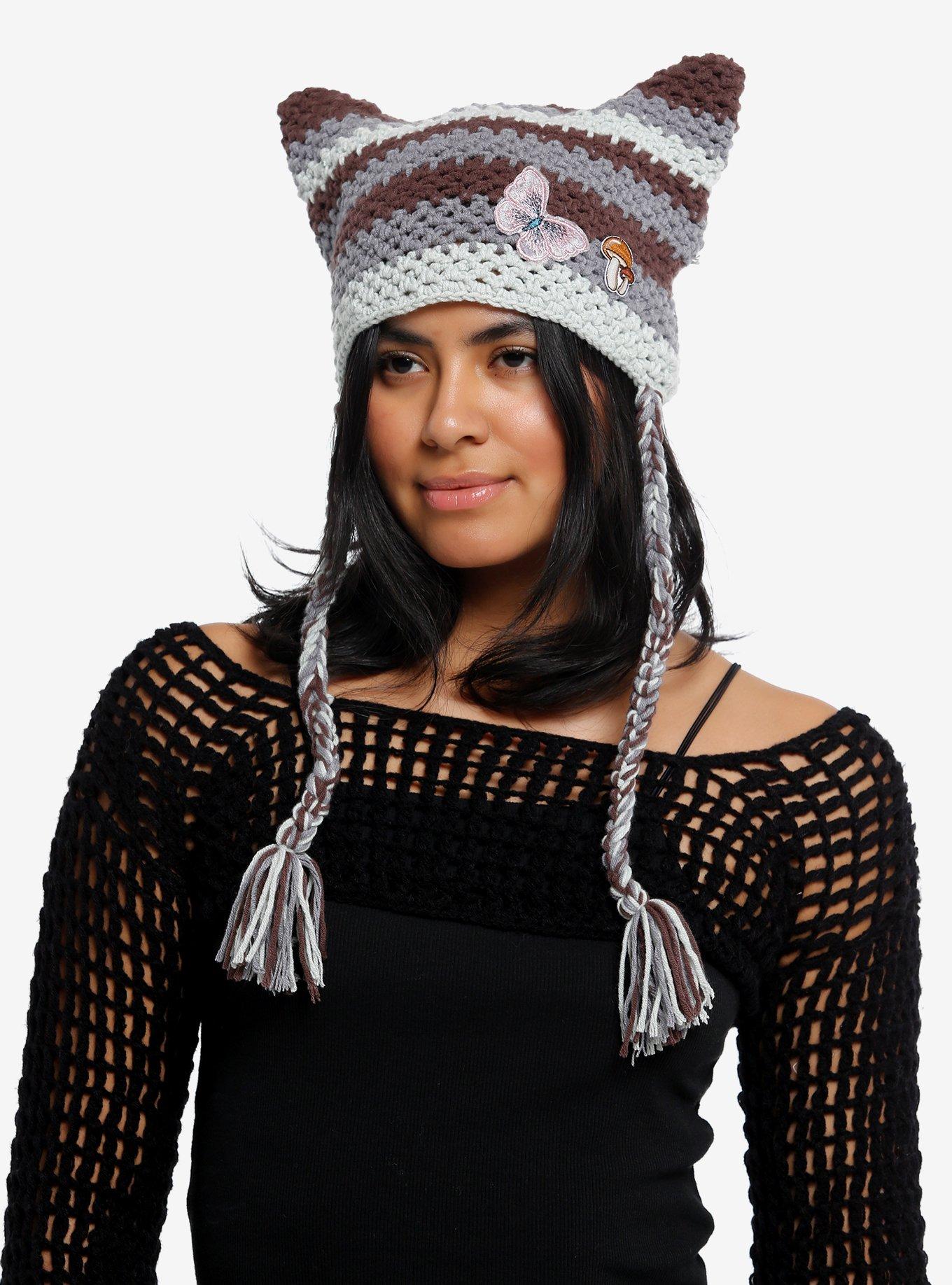 Grunge Stripe Mushroom Butterfly Patch Knit Ear Tassel Beanie Hot Topic