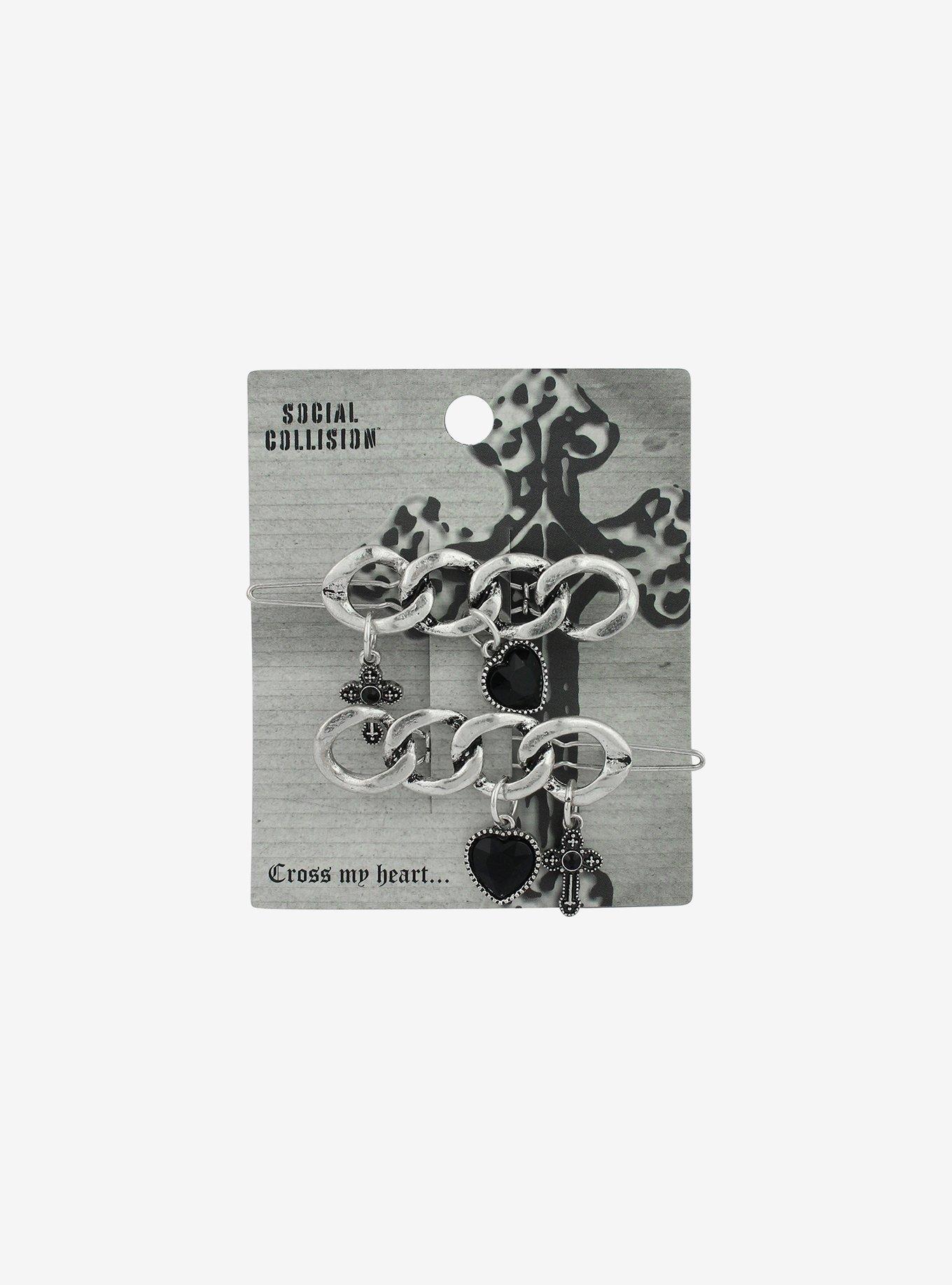 Social Collision Chain Link Heart Cross Hair Clip Set | Hot Topic