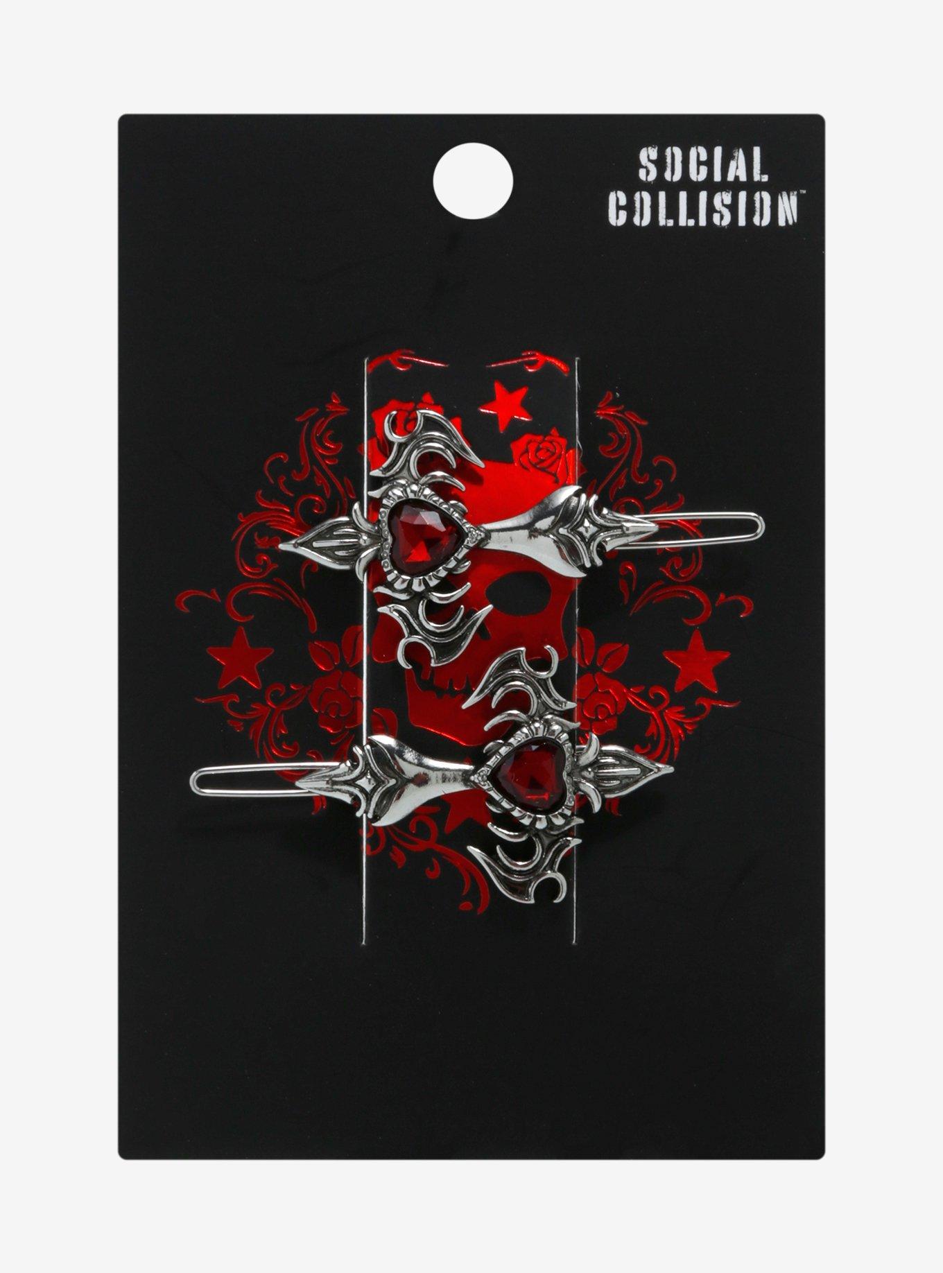 Social Collision Metal Cross Red Gem Heart Hair Clip Set | Hot Topic