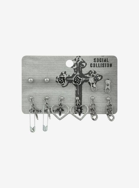 Social Collision Heart Cross Chain Earring Set | Hot Topic