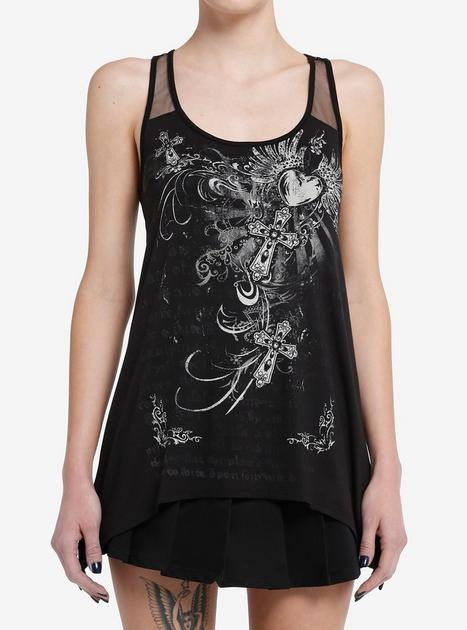 Black Y2K Cross Heart Mesh Girls Racerback Tank Top | Hot Topic