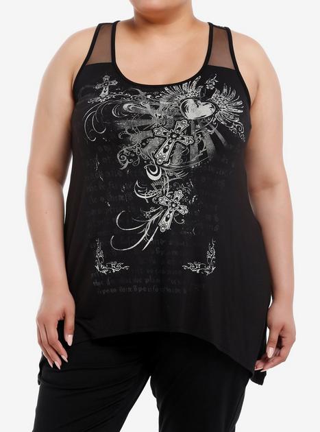Black Y2K Cross Heart Mesh Girls Racerback Tank Top Plus Size | Hot Topic