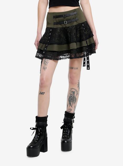 Social Collision Olive And Black Lace Grommet Strap Tiered Skirt Hot Topic