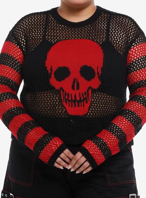 Social Collision Red And Black Stripe Skull Open Knit Girls Crop Sweater