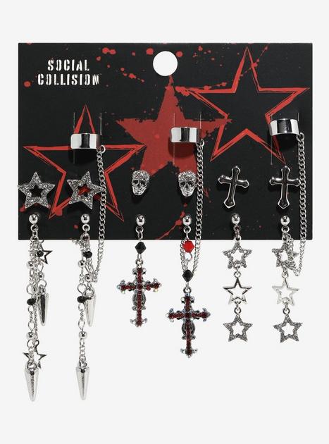 Social Collision Star Cross Skull Bling Cuff Earring Set | Hot Topic