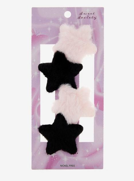 Sweet Society Pink & Black Fuzzy Star Hair Clip Set | Hot Topic