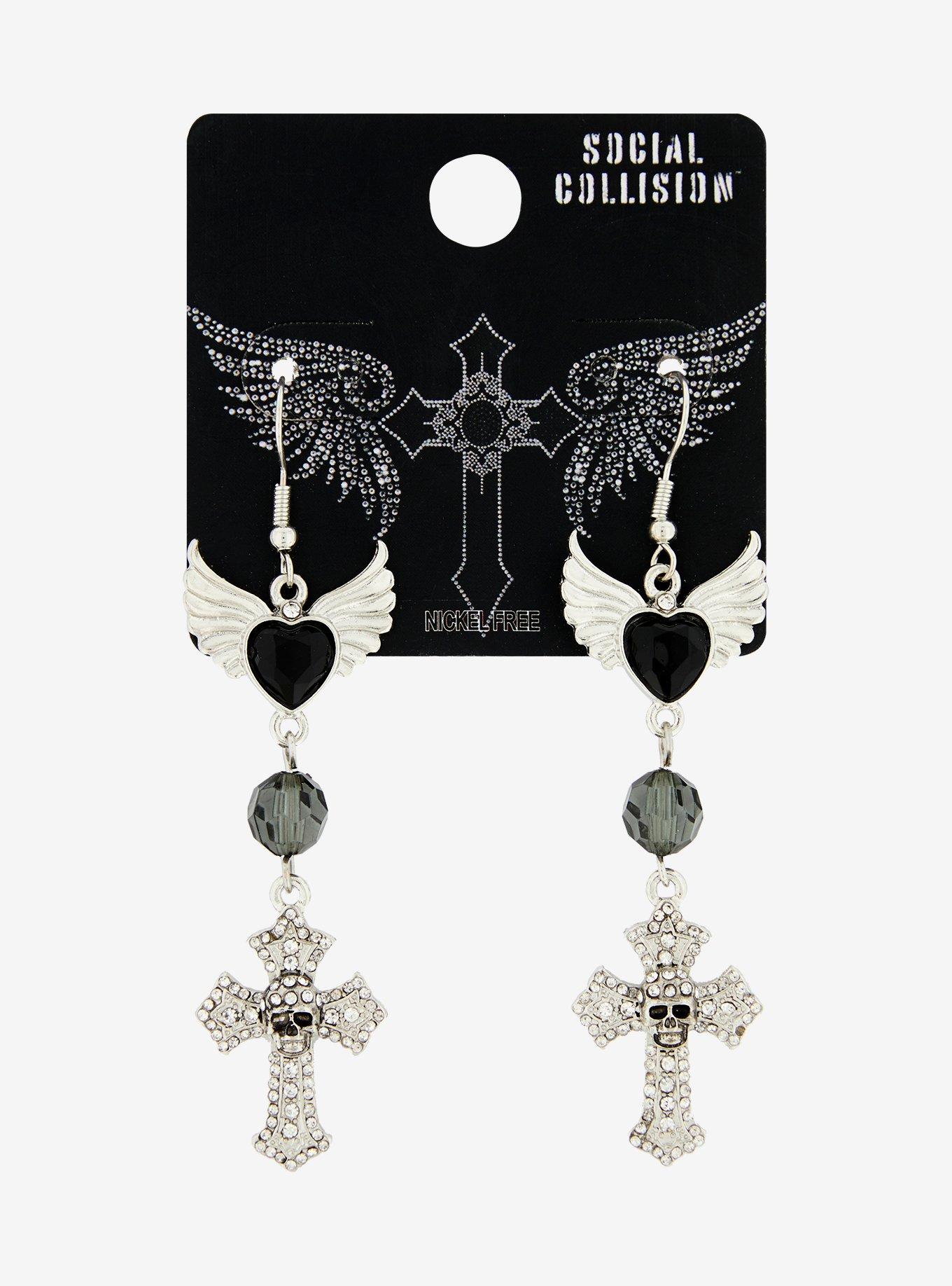 Social Collision Rhinestone Skull Cross Earrings | Hot Topic
