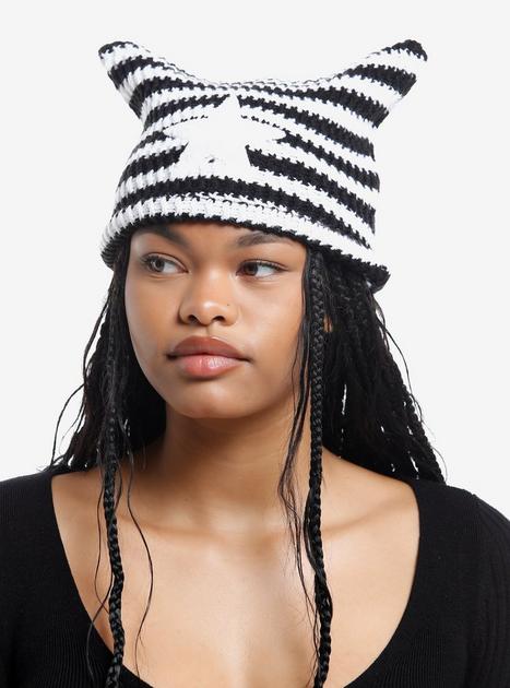 Black & White Stripe Star Ear Beanie | Hot Topic
