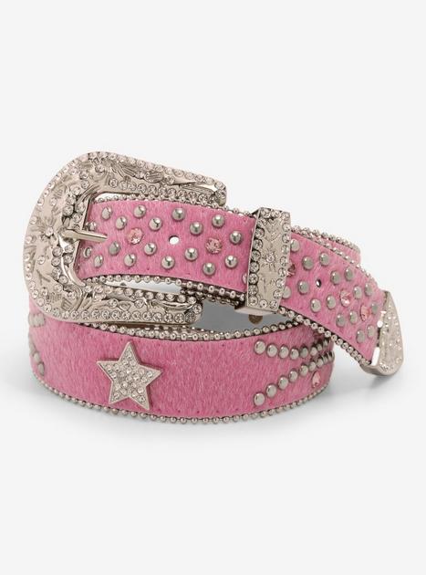 Fuzzy Pink Rhinestone Western Belt | Hot Topic