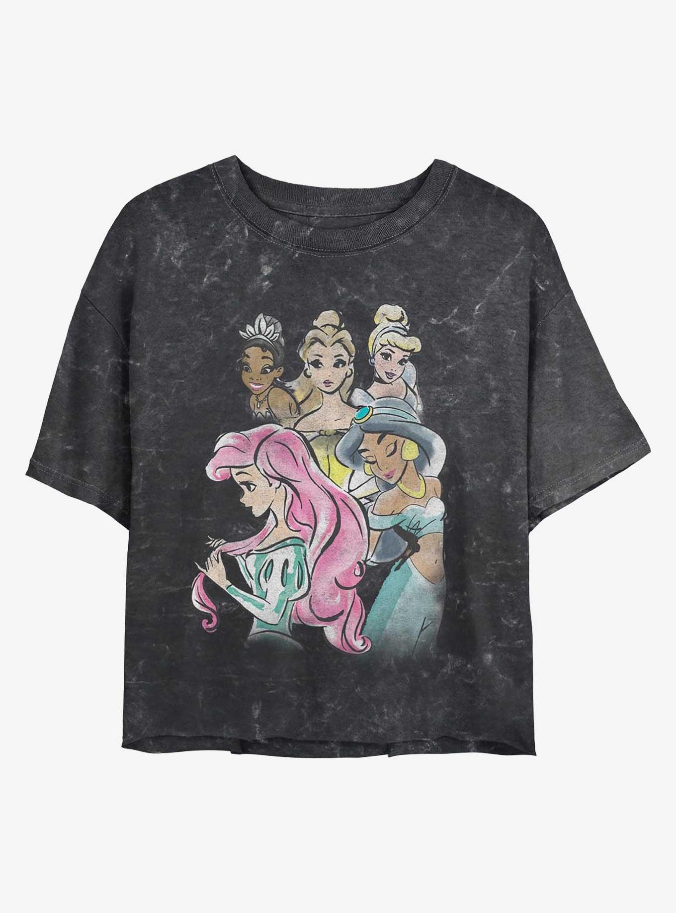 Disney The Princess and the Frog Watercolor Princesses Mineral Wash Womens Crop T-Shirt - BLACK ...