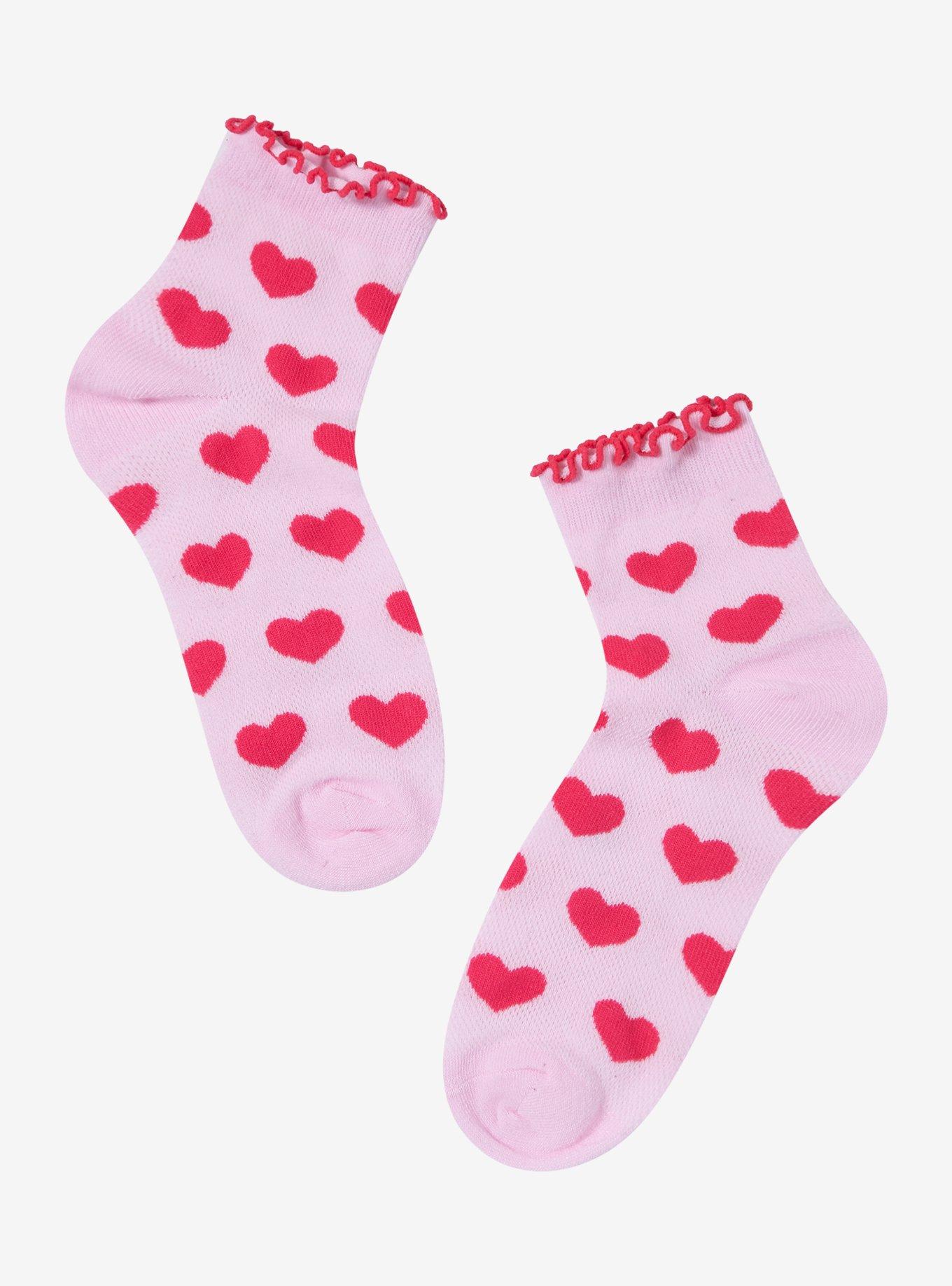 Pink & Red Heart Lettuce Trim Ankle Socks | Hot Topic