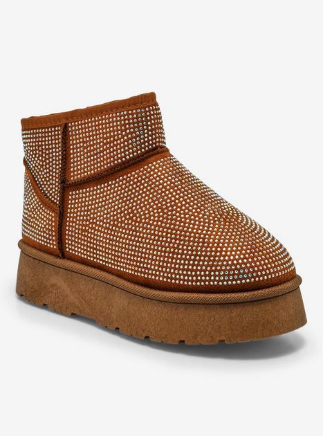 Yoki Rhinestone Brown Faux Shearling Platform Bootie | Hot Topic