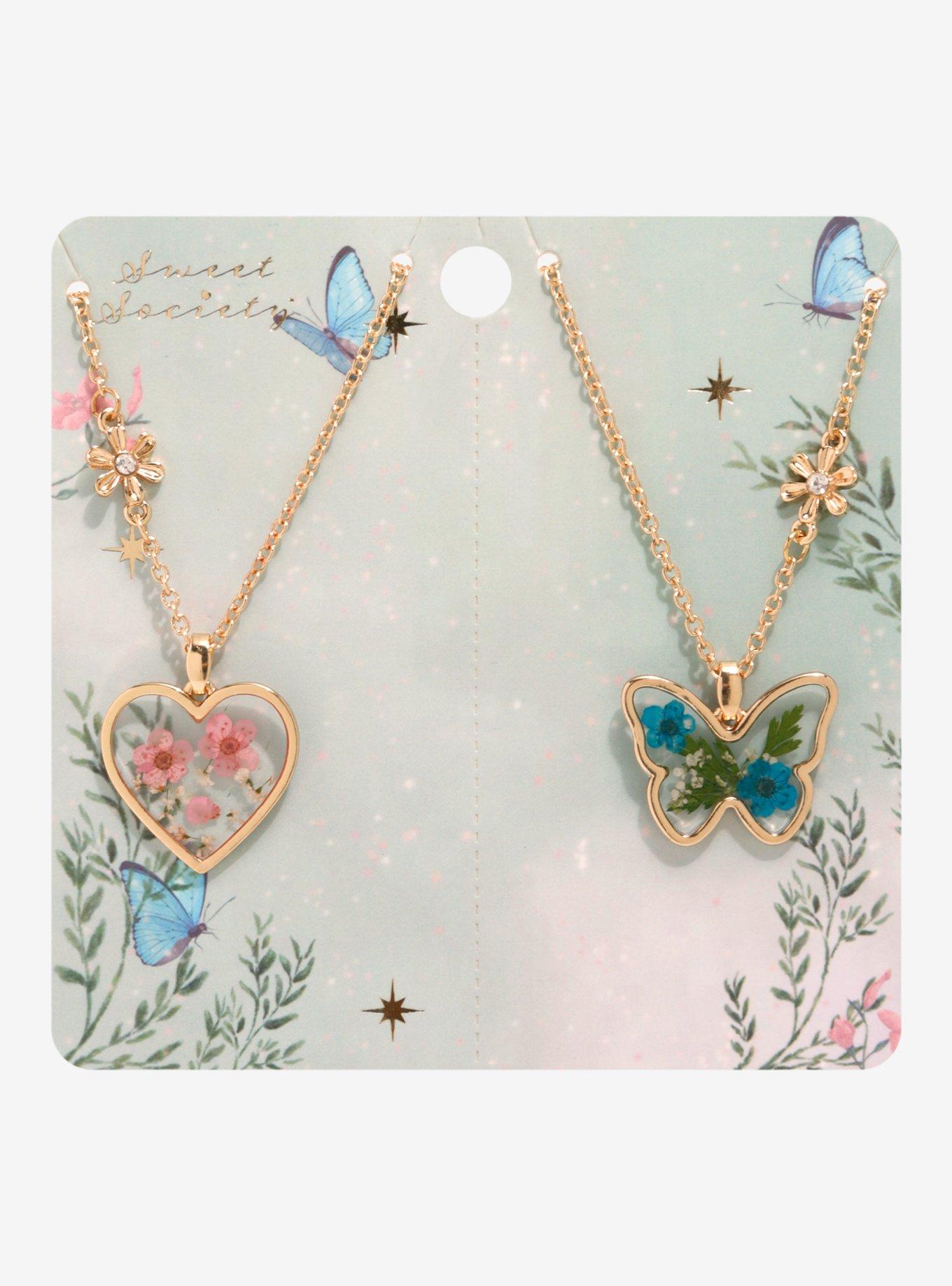 Sweet Society Heart Butterfly Floral Best Friend Necklace Set Hot Topic
