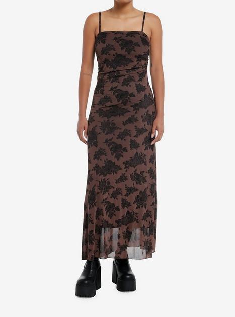 Thorn & Fable Brown Rose Ruched Mesh Midaxi Dress | Hot Topic