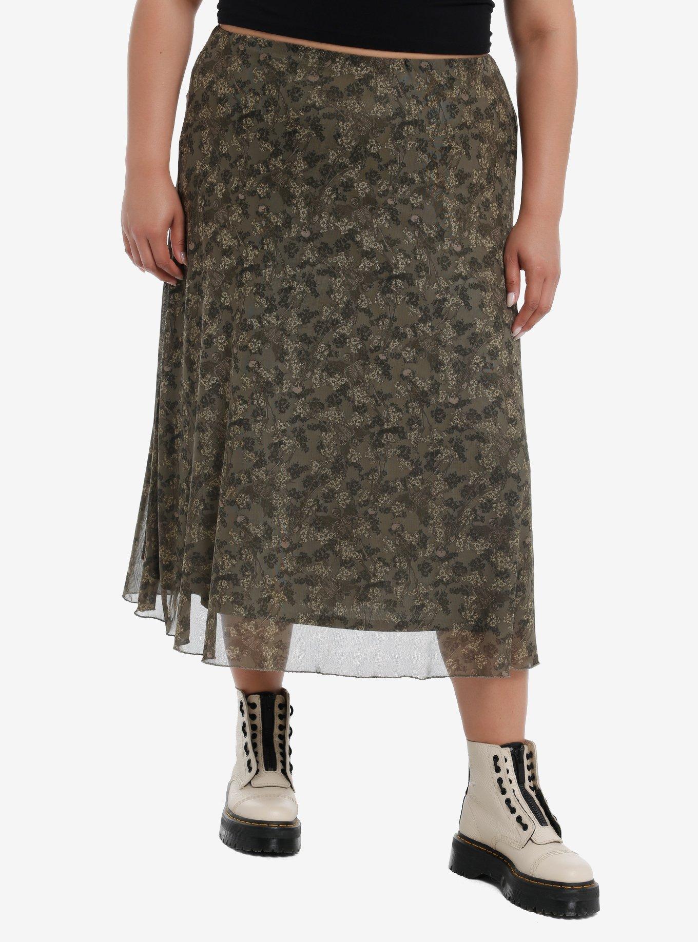 Social Collision Skeleton Flowers Green Mesh Midi Skirt Plus Size Hot