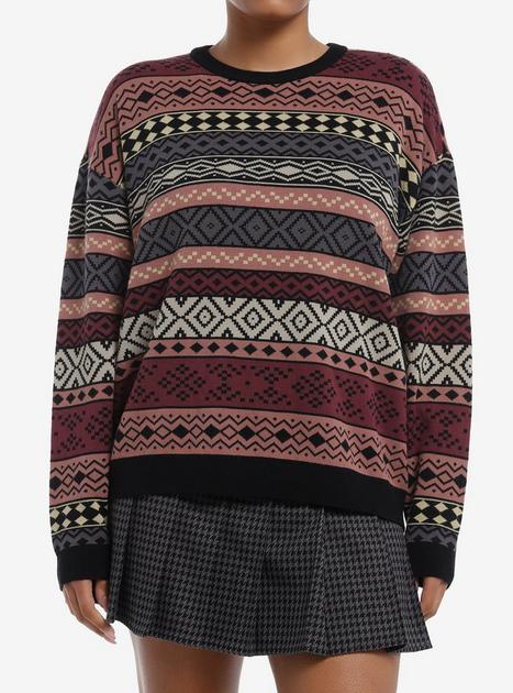 Social Collision Earth-Tone Pattern Stripe Girls Sweater | Hot Topic