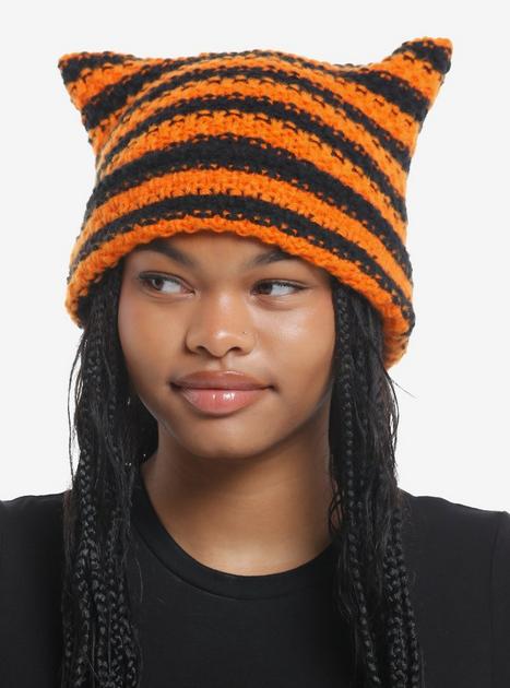 Orange & Black Ears Stripe Beanie | Hot Topic