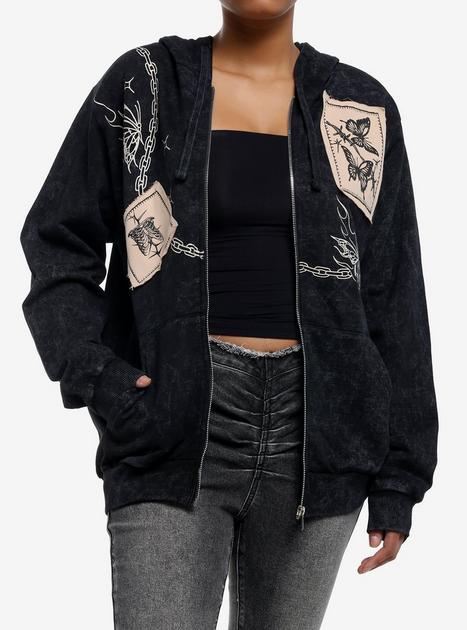 Butterfly Barbed Wire Patch Dark Wash Girls Hoodie | Hot Topic